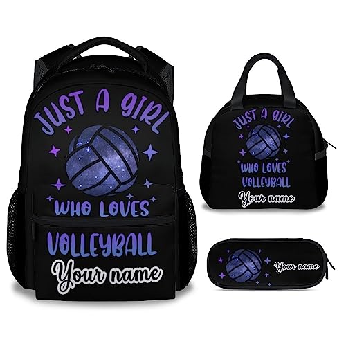 Personalized Volleyball Backpack with Lunch Box And Pencil Case Set, 3 in 1 Matching Teen Girls Purple Backpacks Combo, Sports Bookbag And Pencil Case Bundle