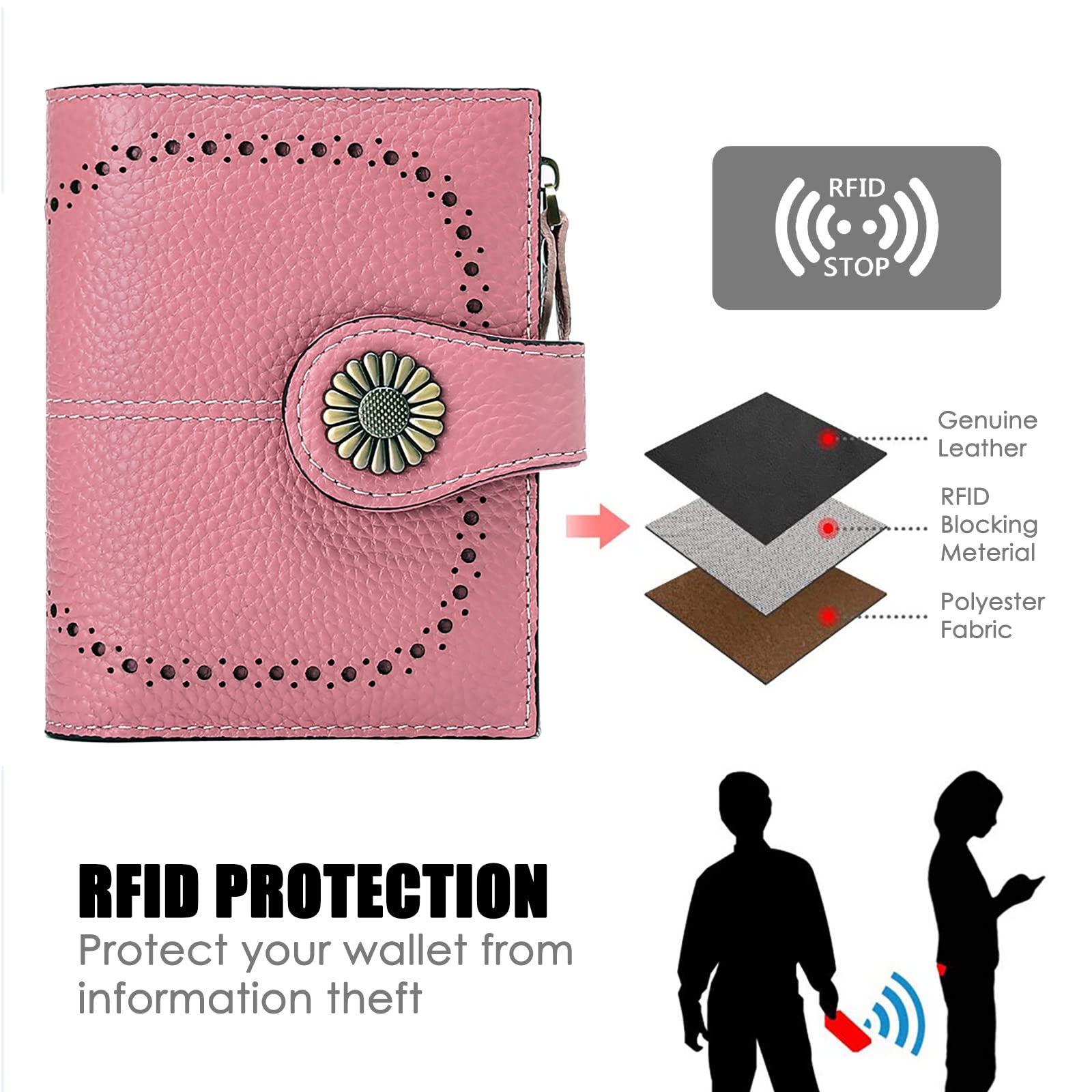 KELEEL Small Wallet for Women RFID Blocking Genuine Leather Bifold Wallet Zipper Coin Pocket Credit Card Holder Purse with ID Window