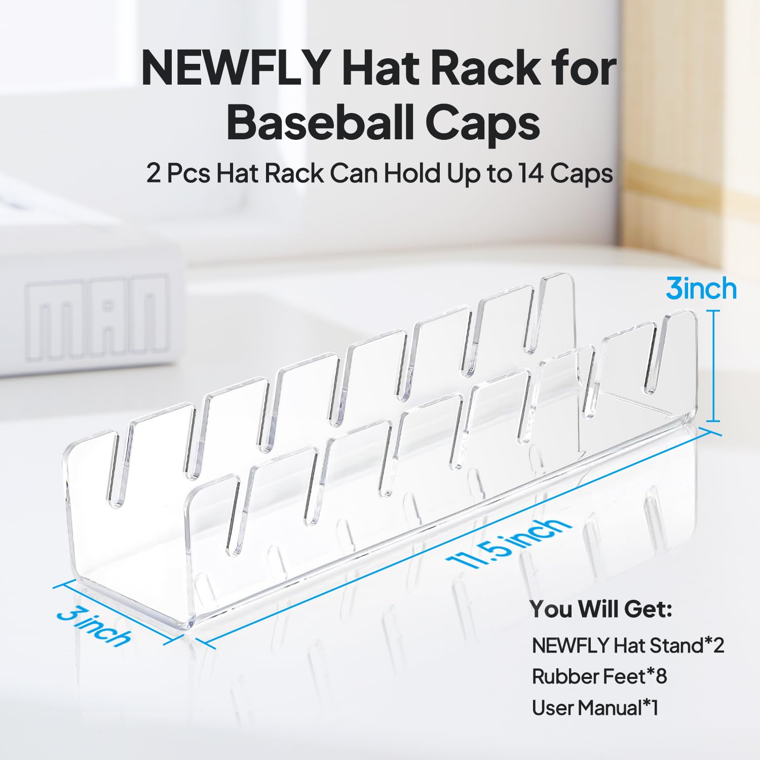 NEWFLY Hat Stand for Baseball Caps, 2 PCS Acrylic Hat Organizer for 14 Caps, No Install Baseball Hat Rack Hat Storage Holder, Hat Oragnizer Shelf Display for Closet Bedroom Dresser(Clear)