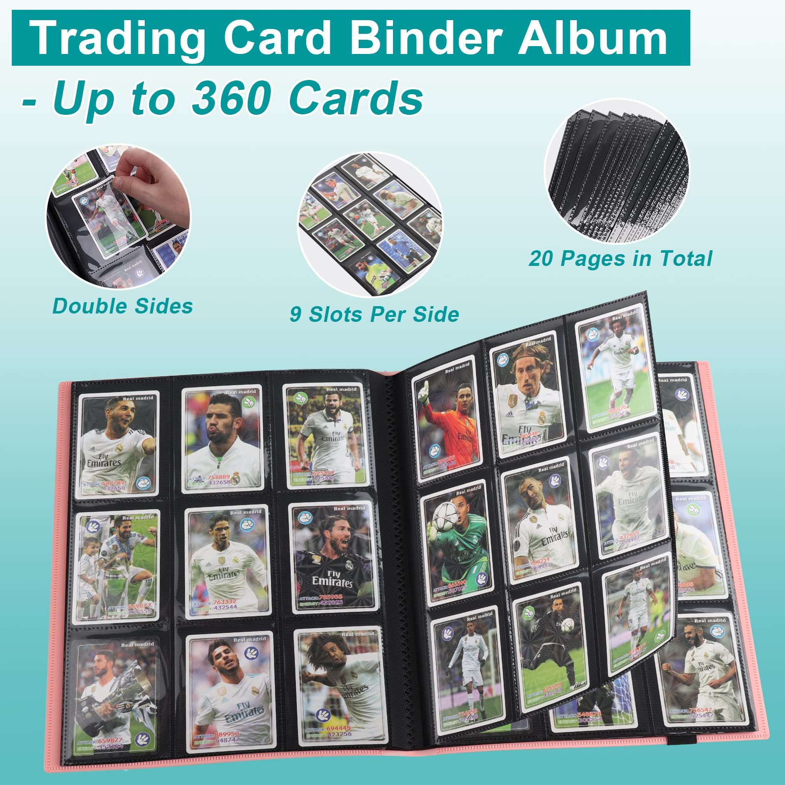 Likealot Trading Card Binder, 9 Pocket Trading Card Album Folder, 360 Side Loading Pocket Card Collection Binder for TGC, MTG, Yugioh (Pink)