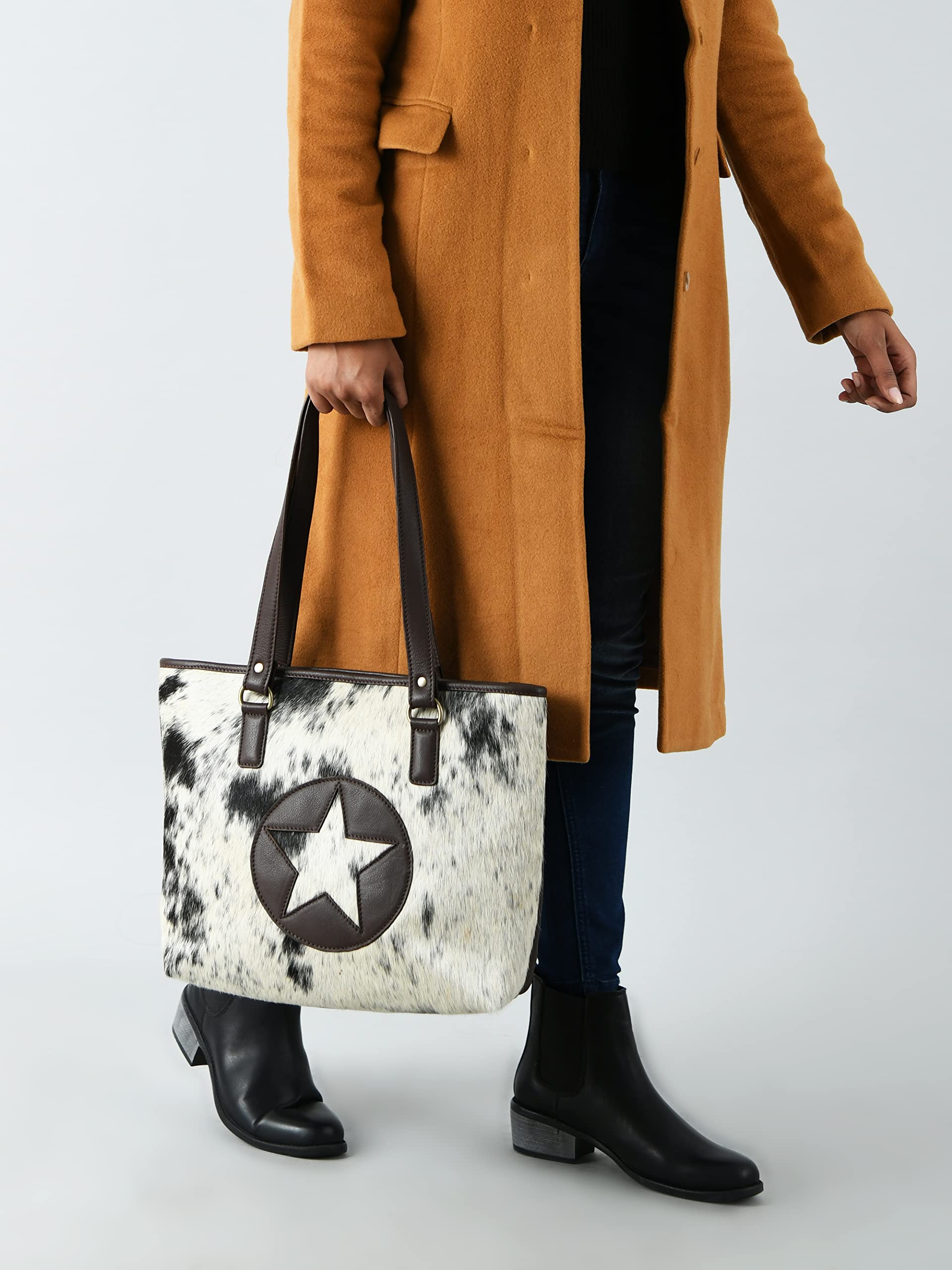 MOUSM Real Cow Hide Color Tones & Patterns of cowhides can vary Hair on Leather Printed Shoulder Bag, Top Handle Handbag for Women