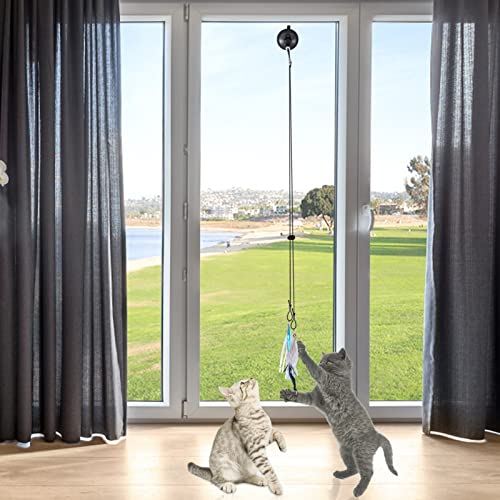 MEWTOGO Hanging Door Cat Toy, Retractable Interactive Cat Feather Toys with Super Suction Cup and 5 Replaceable Feathers, Suction Window Cat Teaser Toy for Indoor Cats Kitten Play Chase Exercise