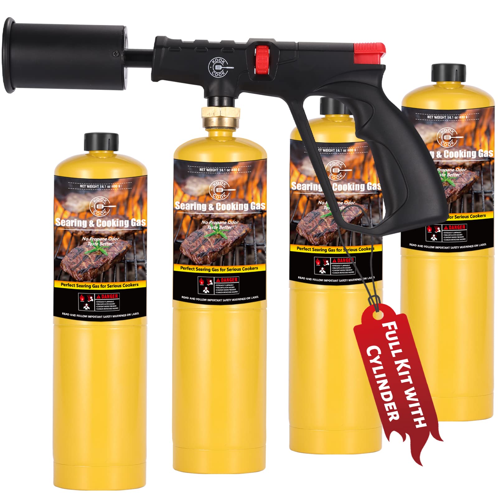 KookCook Cooking Grill Torch Kit with 4x14.1oz Fuel Gas Cylinder Sous Vide Blowtorch MAPP MAP Pro Propane Torch Food Kitchen Grilling Gun Culinary BBQ Tool for Searing Outdoor Camping Charcoal Starter