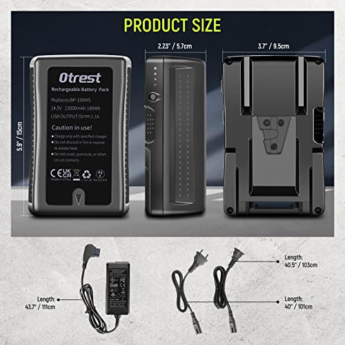 OTREST 13200mAh V Mount Battery, BP-190WS 14.8V 190Wh Rechargeable Li ion Battery with D Tap Output Charger and Cable for Video Broadcast LED Light Compatible with Sony BMPCC Camera Camcorder