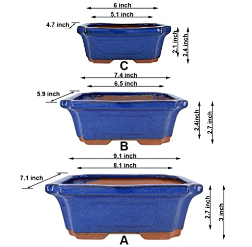MUZHI 3 Pack Ceramic Rectangular Bonsai Tree Planter Pot Set 6β+7β+9β, Cactus Succulent Planter Blue Glazed with Mesh Hole Screens