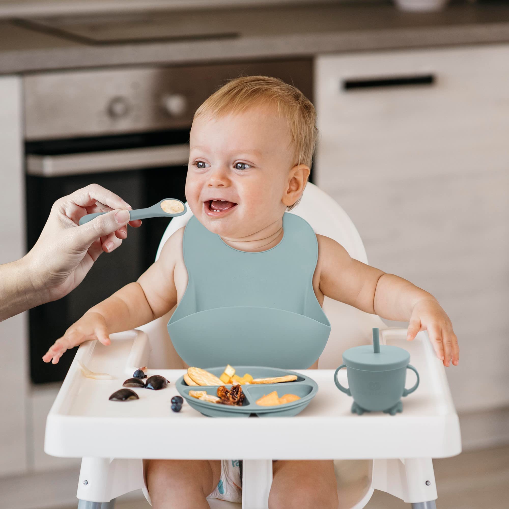 Made By Mommy Baby Led Weaning Supplies - Complete Baby Feeding Set (10 Pcs) | Suction Bowl, Snack Cup, 2 Sets of Easy Using Utensils, Bib, Sippy Straw Cup, 3 Portion Suction Plate