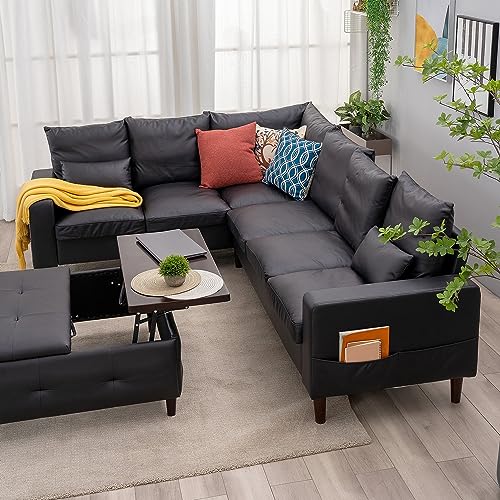 Panana6 Seater Convertible Sectional Sofa L-Shape Sofa Couch Linen Fabric Upholstered for Living Room, Apartment, Office (Black Leather Look Fabric, 6 Seater L Shape Corner Sofa)