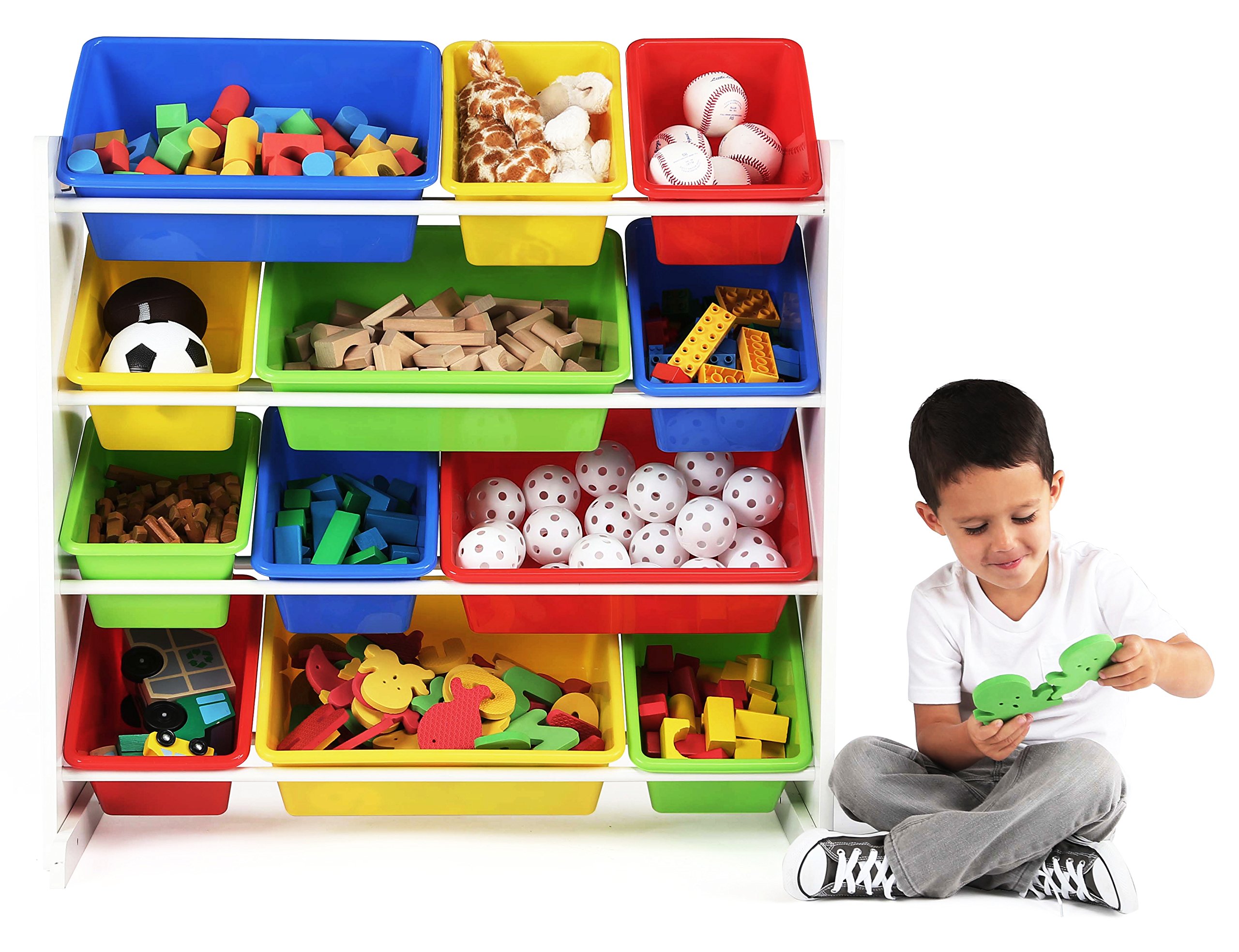 Humble Crew Kids Plastic 4 Set, Blue Table/Primary Chairs & White/Primary Kids' Toy Storage Organizer with 12 Plastic Bins