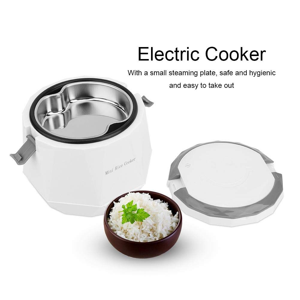 Junlucki 1.6 L Mini Rice Cooker - 12V Electric Food Steamer - Household Multi Cooker Portable Rice Cooking Steaming Pot for Car/Home/Travel - Kitchen Tool Instant Keep Warm (White)