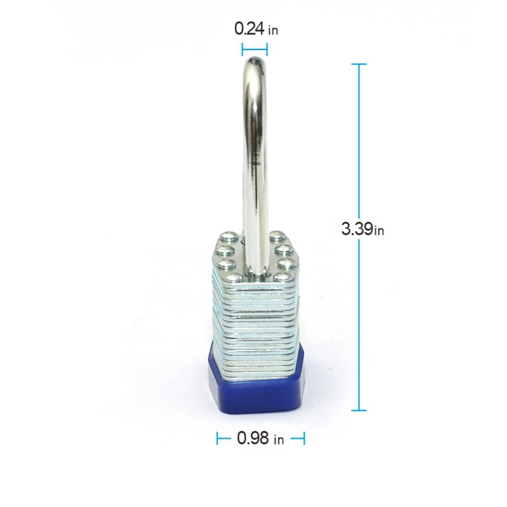 Laminated Steel Keyed Padlock, Keyed Alike Locks,1-9/16"(40mm) Wide Body,Long Shackle Padlock, Blue Plastic Hoop, Pack of 12