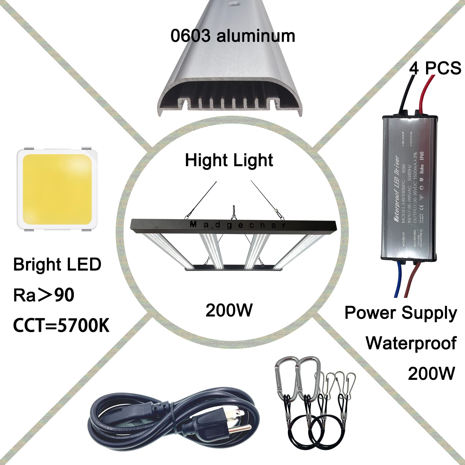 Madgechar 200W LED Shop Light, 29746lm Bright Light, LED High Bay Light 2FT, Low Heating Garage Light, Bar Lights Frame, Large Coverage, Shop Garage Warehouse Workshop Gym Clean Room Lighting