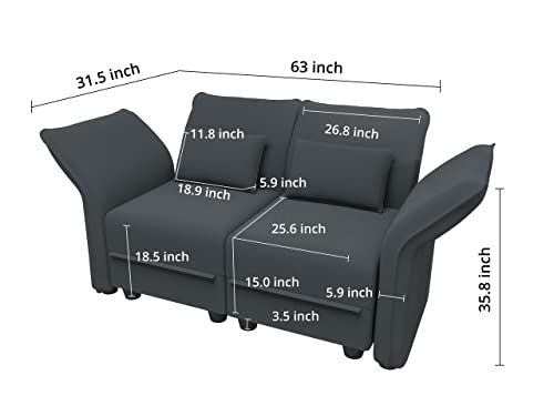 LLappuil Velvet Modular Sectional Loveseat Sofa with Storage, 63" Love Seat 2 Seater Couch Perfect for RV and Small Apartment Grey