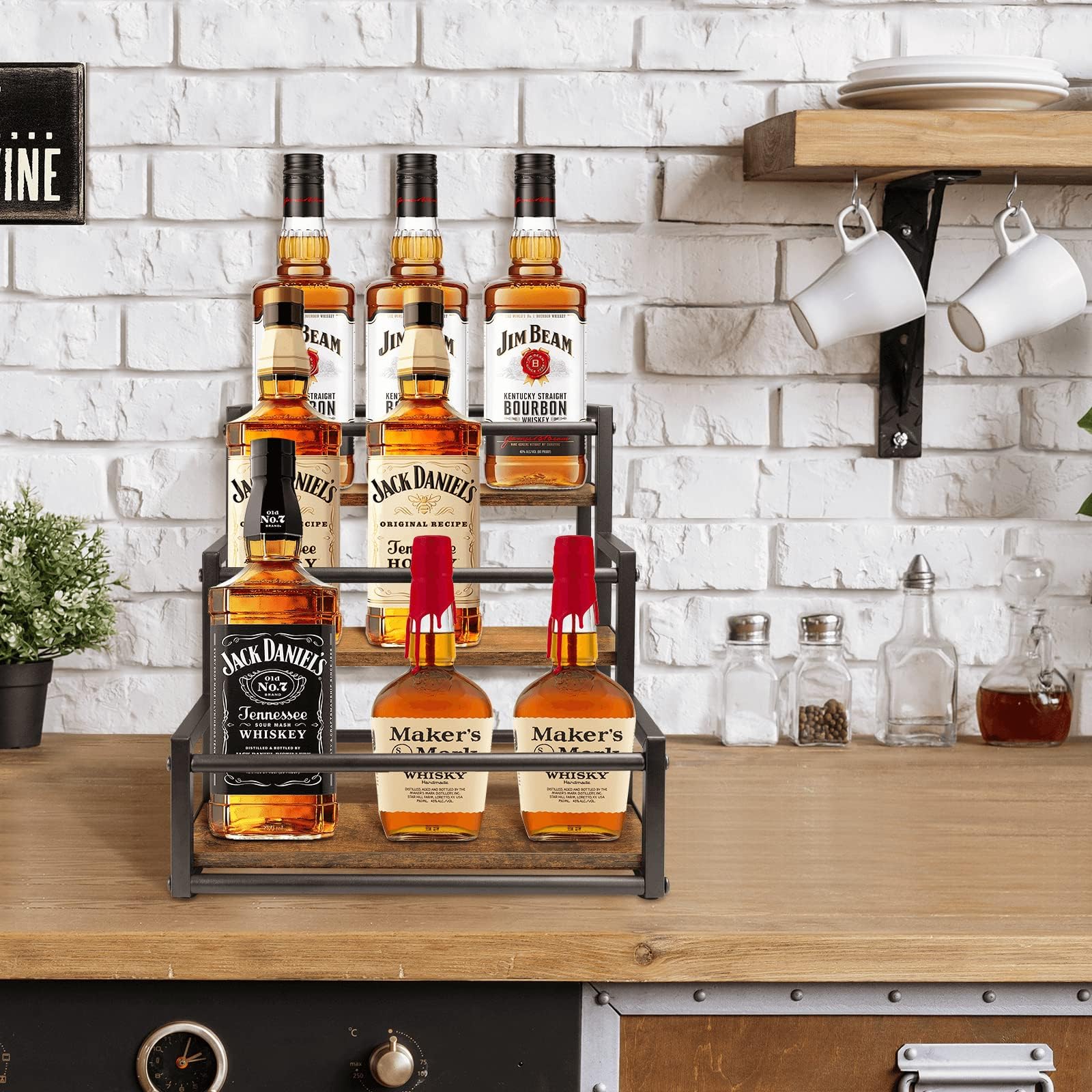 Homode Coffee Syrup Rack Organizer, 12 Bottle Syrup Holder Stand for Coffee Bar, 3 Tier Shelf Storage Rack for Liquor Syrup Wine for Countertop, Kitchen, Coffee Station, Rustic Brown Black