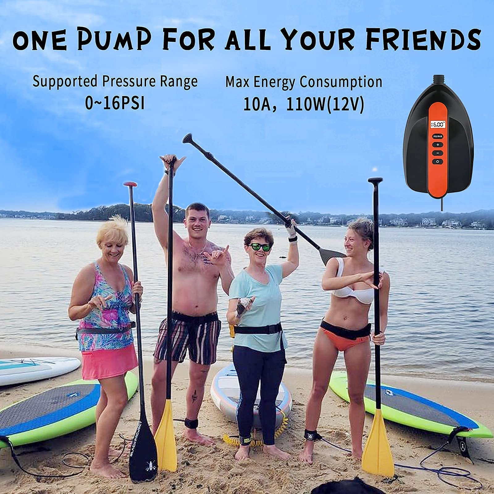 HIKULA Air Pump 16psi SUP Electric Pump Built in Temperature Sensor and 12V DC Car Connector Quickly Inflating for Paddle Board, Inflatable Boat, Car Inflatable Bed, Inflatable Tent