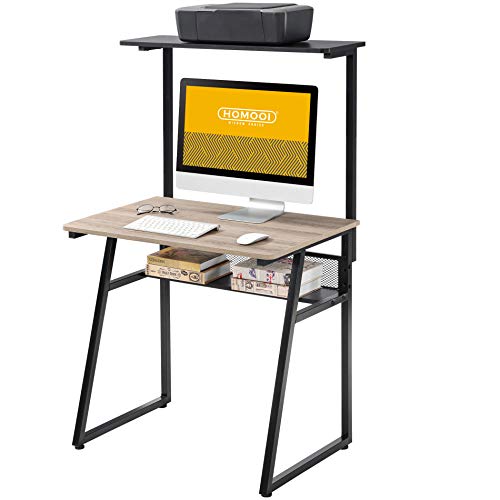HOMOOI Height Adjustable Computer Desk with Printer Shelf and Bookshelf, Home Office Workstation for Small Space,Beige