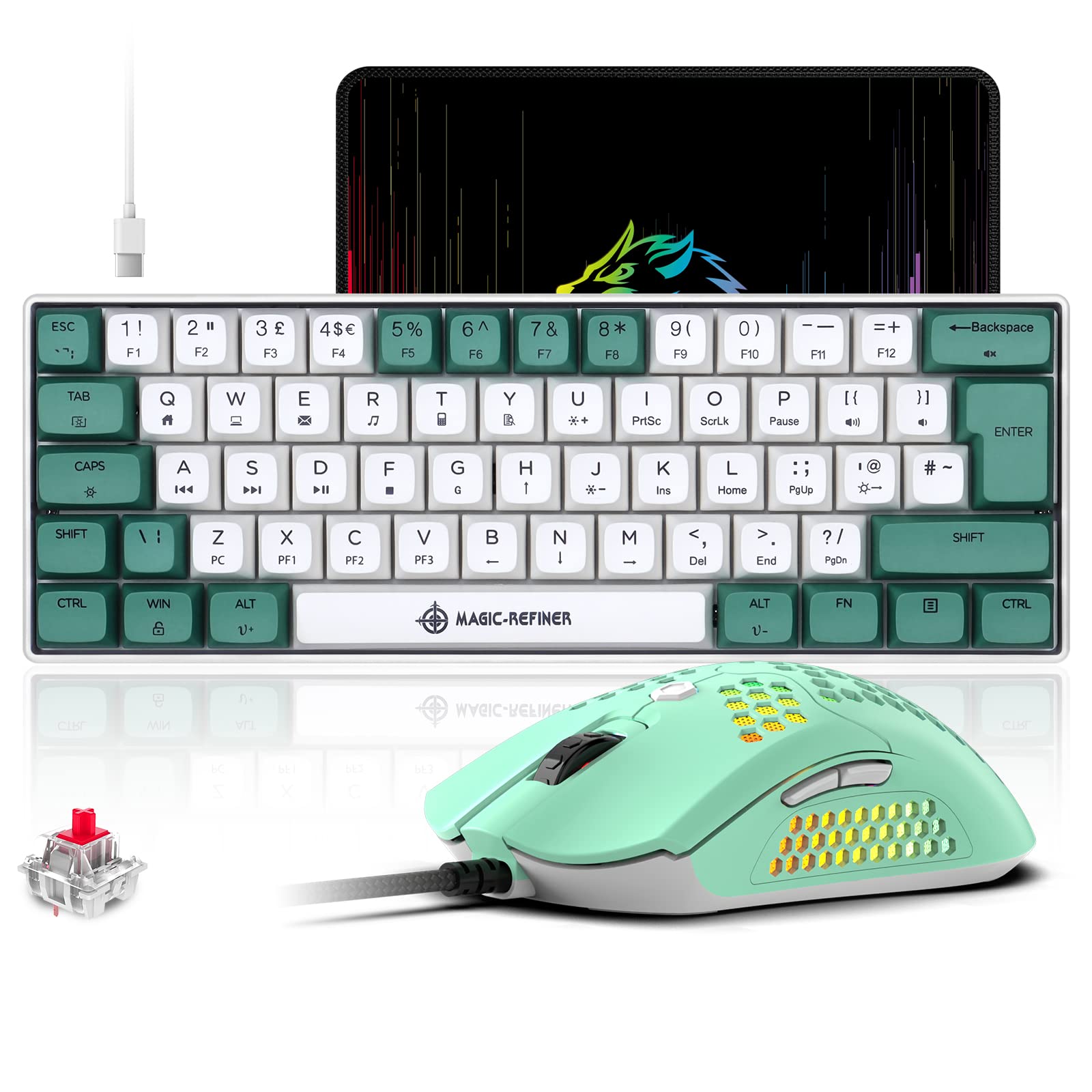 MAGIC-REFINER 60% Wired Mechanical Gaming Keyboard and Mouse Combo, Ultra-Compact 62 Keys RGB Backlit Red Switch Computer Keyboard with PBT Keycaps,12000DPI Lightweight Mouse for PC/Mac Gamer