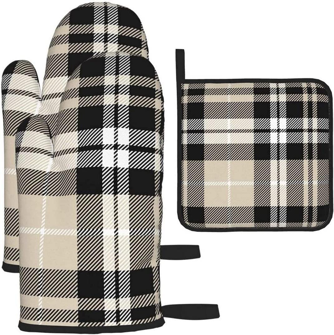 JKKL Fall Plaid Tan Black White Pattern,3pcs Oven Mitts and Pot Holders for Kitchen,Cooking,Baking,Grilling,BBQ