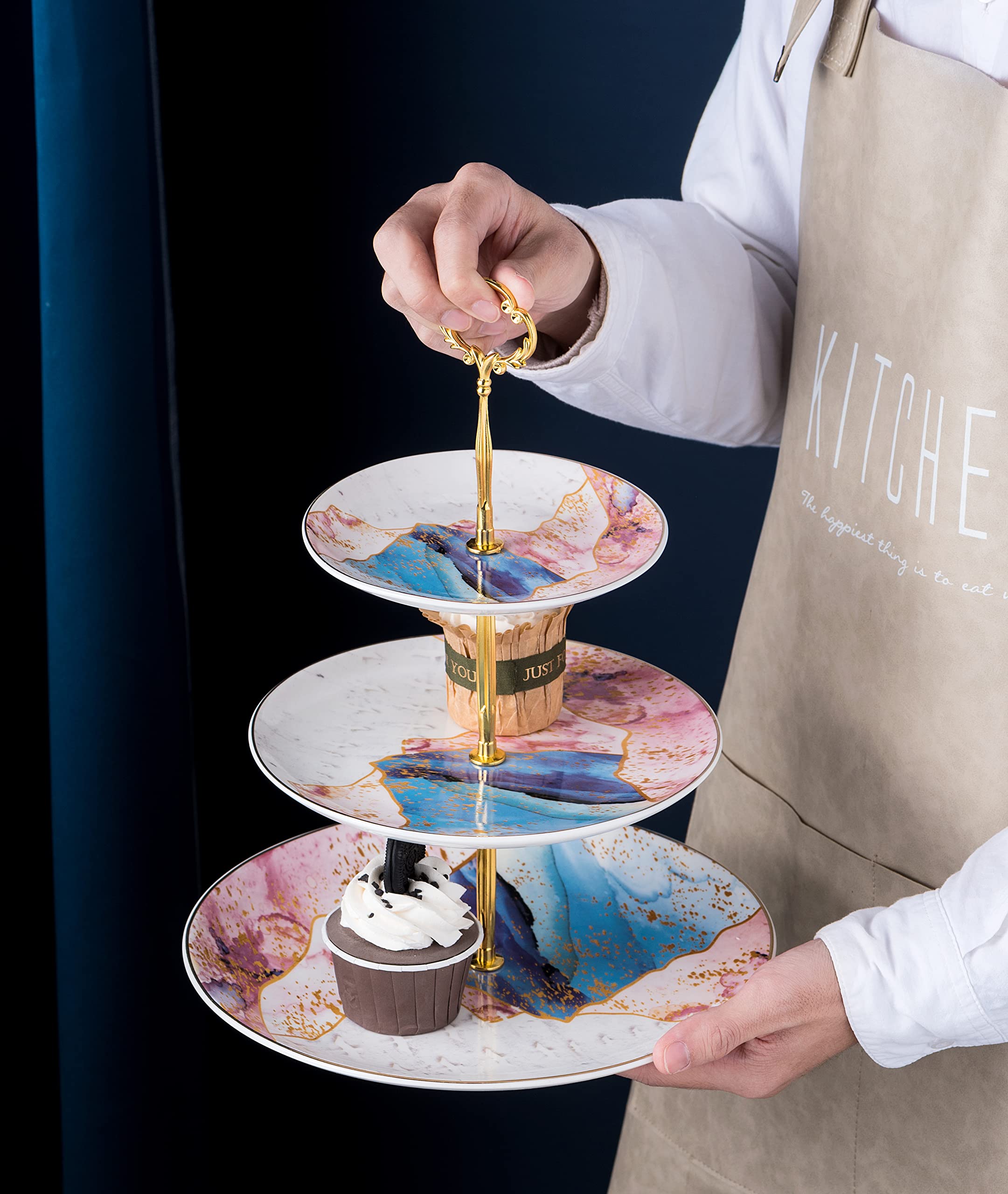 Jusalpha Fine China Rainbow Galaxy Series 3-tier Cake Stand- Cupcake Stand- Tea Party Pastry Serving Platter in Gift Box and a Free Sugar Tong (Rainbow Galaxy 3T)