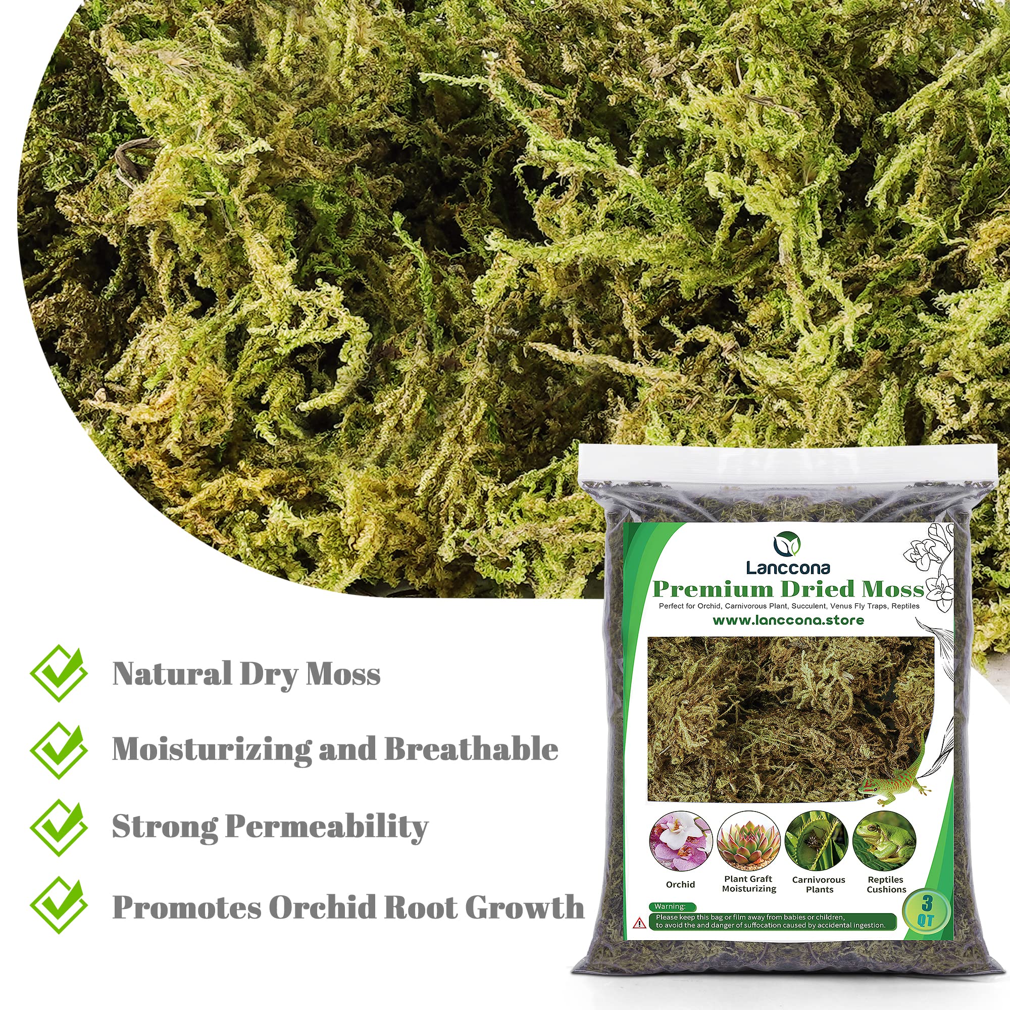 Lanccona Sphagnum Moss - 3 Quarts Dried Forest Moss for Orchid Moss Potting Mix Carnivorous Plants Succulents Reptiles Decorating Terrariums Potted Plant Propagation