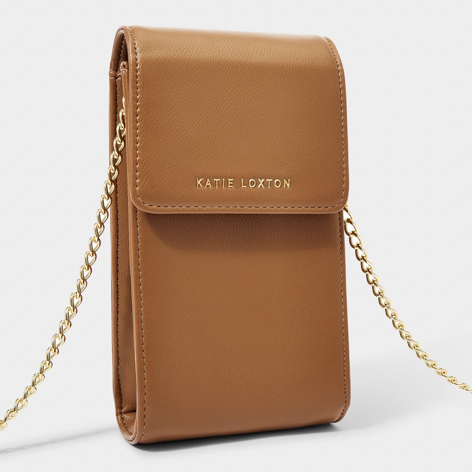 KATIE LOXTON Amy Small Womens Vegan Leather Chain Strap Mini Crossbody Clutch Handbag Purse Tan