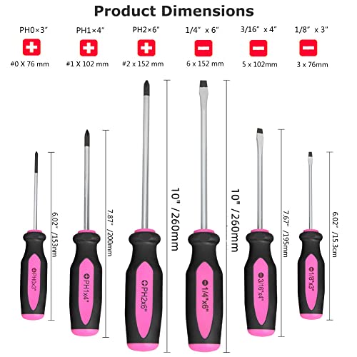 Magnetic Screwdrivers Set, 6 Pieces Slotted & Phillips Screwdriver with Permanent Magnetic Tips, Ergonomic Comfortable Handle,Rust Resistant Heavy Duty DIY Hand Tool Kit for Craftsman Repairing, Pink