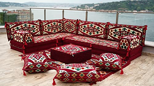 Maroon Floor Cushions, L Shaped Arabic Seating Sofas, Balcony Terrace Sofas, Washable Cushion Covers, Traditional Floor Couch, Arabic Majlis, Futon Sofa Bed (L Sofa Full Set)