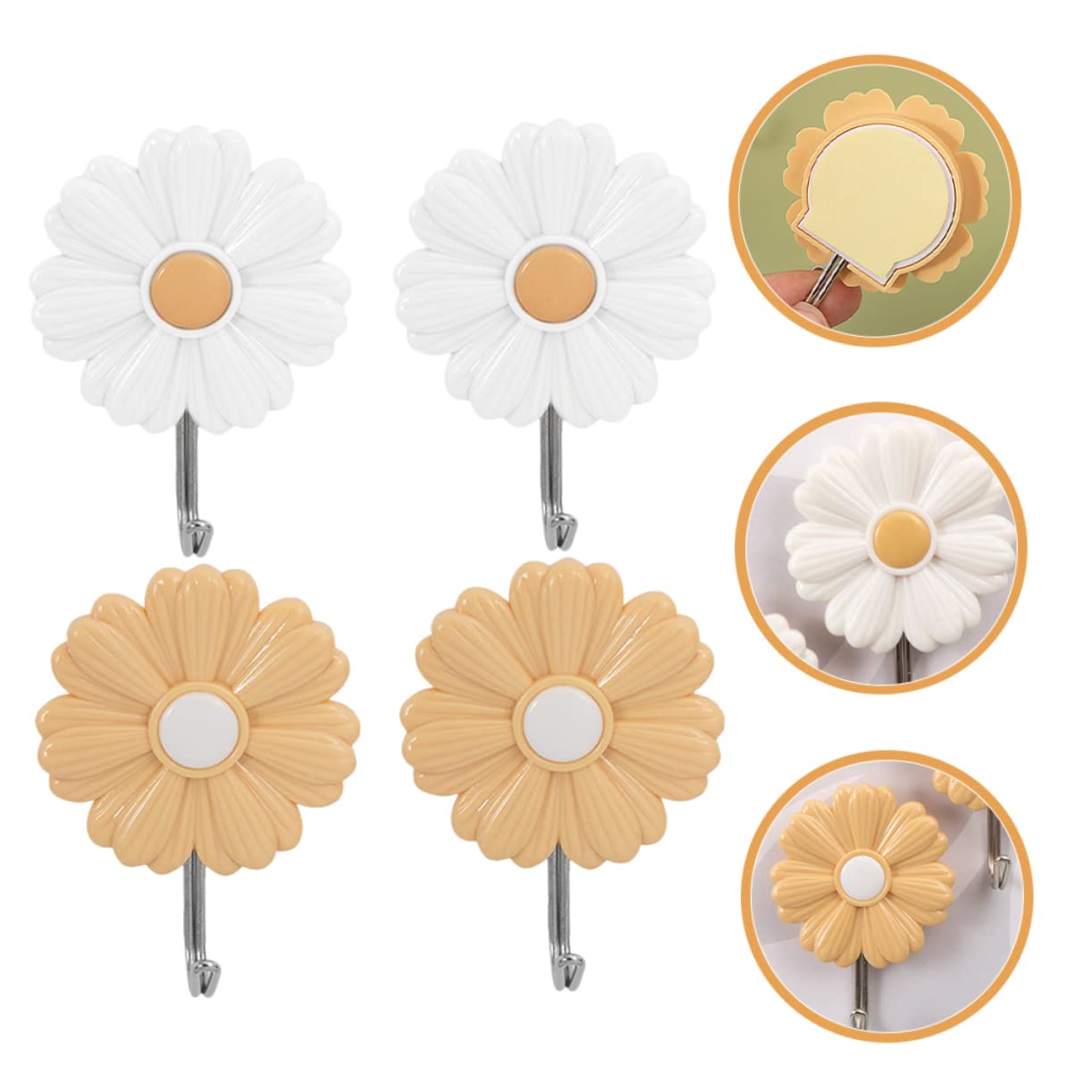 Parliky 4Pcs Decorative Daisy Adhesive Wall Hooks Strongly Adhesive Punch Hangers for Clothes Hats Towels Cute Wall Mounts for Home Decor