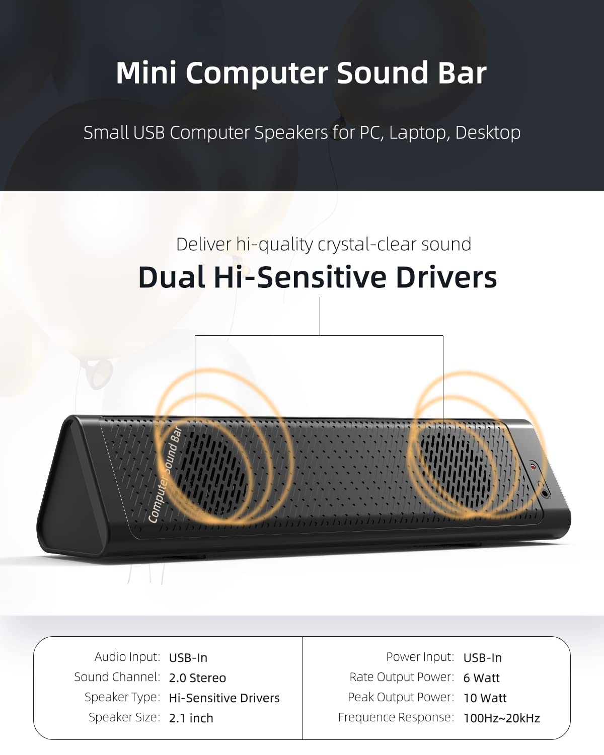 LISRFNIEAN PC Speakers, Computer Speakers for Desktop, USB-Powered External Speakers for Laptop, Small Computer Sound Bar with Crystal Clear Sound, Digital Volume Knob, Headphone Jack