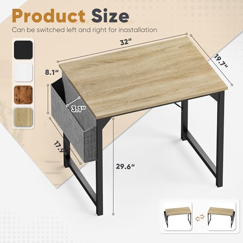 Shahoo 32 Inch Small Desk, Wood Modern Simple Student Kids Study Writing Computer Table with Storage Bag and Headphone Hook for Home, Study, Writing, Oak