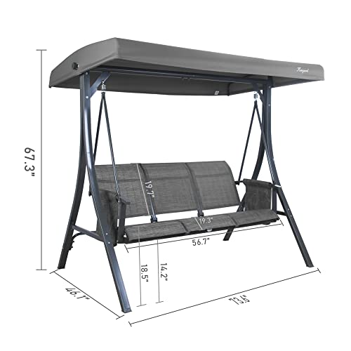 Kozyard Brenda 3-Seat Patio Swing Chair, Outdoor Porch Swing Glider with Adjustable Canopy, Side Pouches, Breathable Seat and Back, for Garden, Poolside, Backyard (Gray)