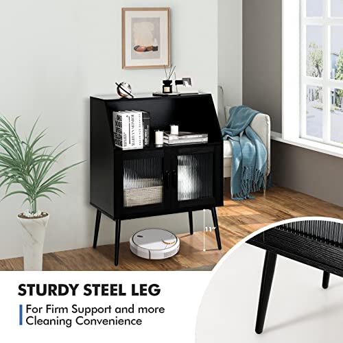 PETSITE Sideboard Buffet Storage Cabinet, Kitchen Accent Console Table with Open Shelf & Tempered Glass Door for Dining Room Hallway, Black