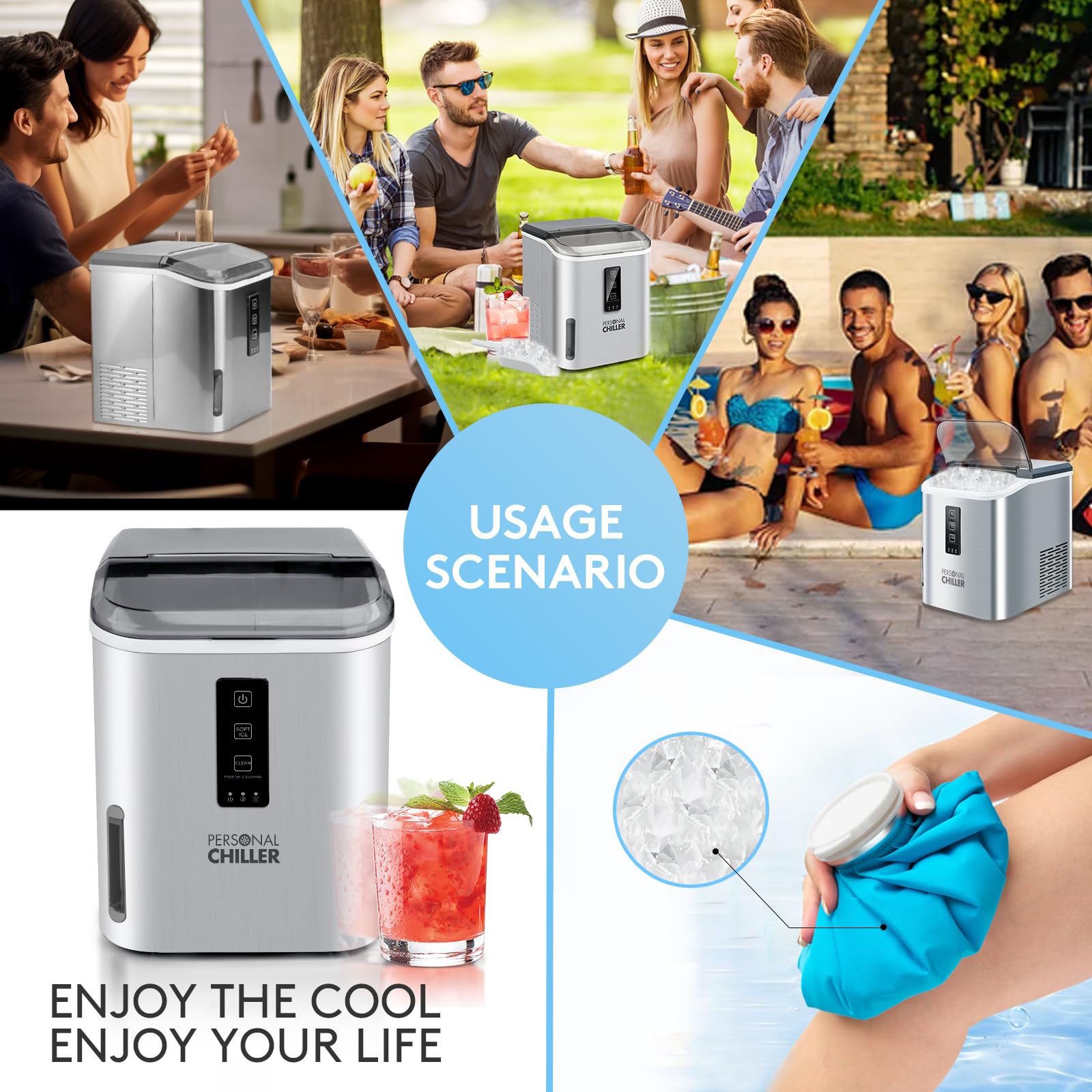 Personal Chiller Soft Nugget Countertop Ice Maker, 50lbs in 24H, Self-Cleaning Chewable Pellet Ice Machine for Kitchen, Office Stainless Steel Silver
