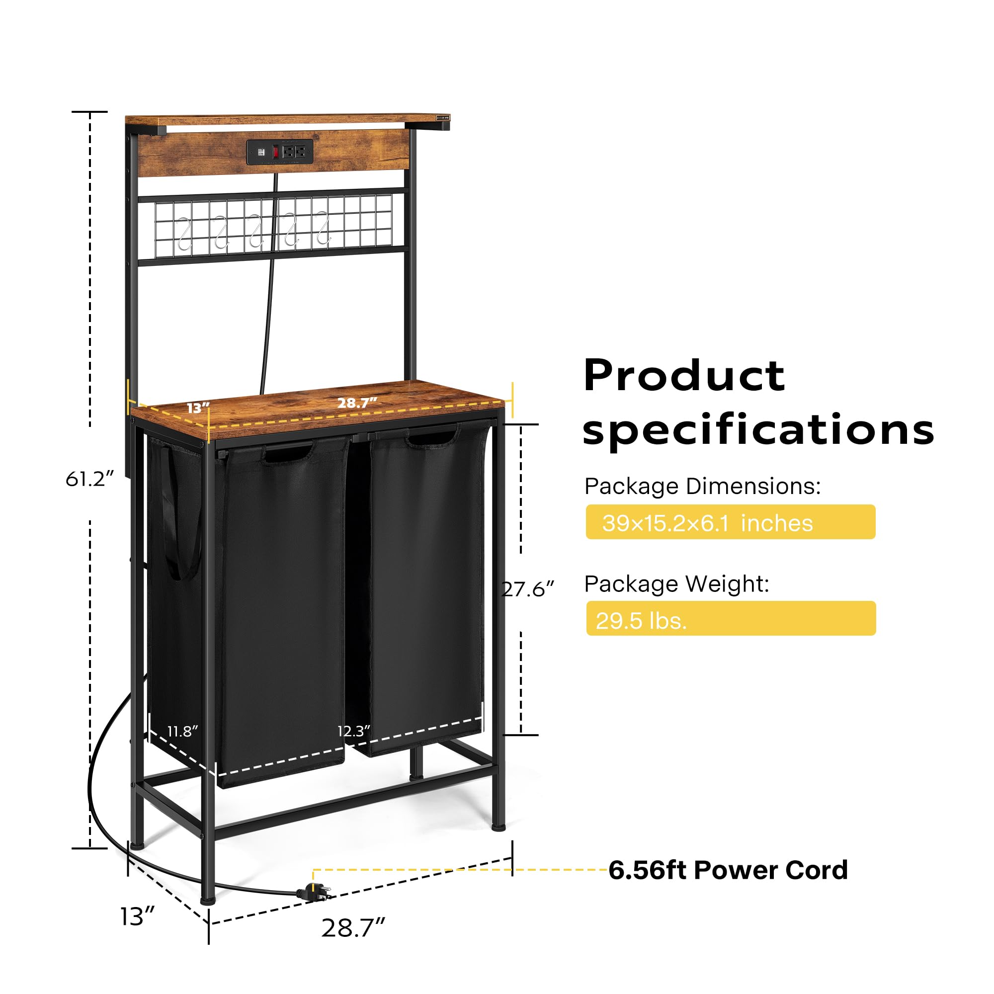 VIVOHOME Laundry Hamper with Power Outlet, Laundry Basket 2 Section, Laundry Sorter with Hooks, Shelf, 2 x 65L Removable Bags, Rustic Brown and Black