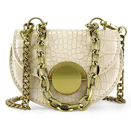 Linkidea Mini Crocodile Pattern Purse, Small Cute Evening Bag with Chain, Vegan Leather Trendy Clutch Shoulder Handbag for Women (Beige)