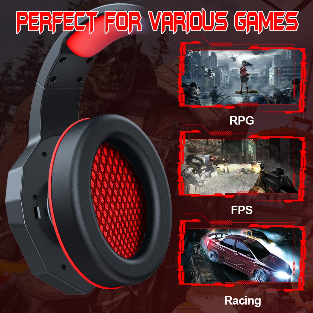HIOEPR Gaming Headset, J5 Gaming Headphones with Microphone for PC Laptop, 50mm Drivers Over Ear Headphones for PS4PS5 Xbox One S Mac, Surround Stereo, LED Light, 3.5mm Audio Jack, Volume Control, Red