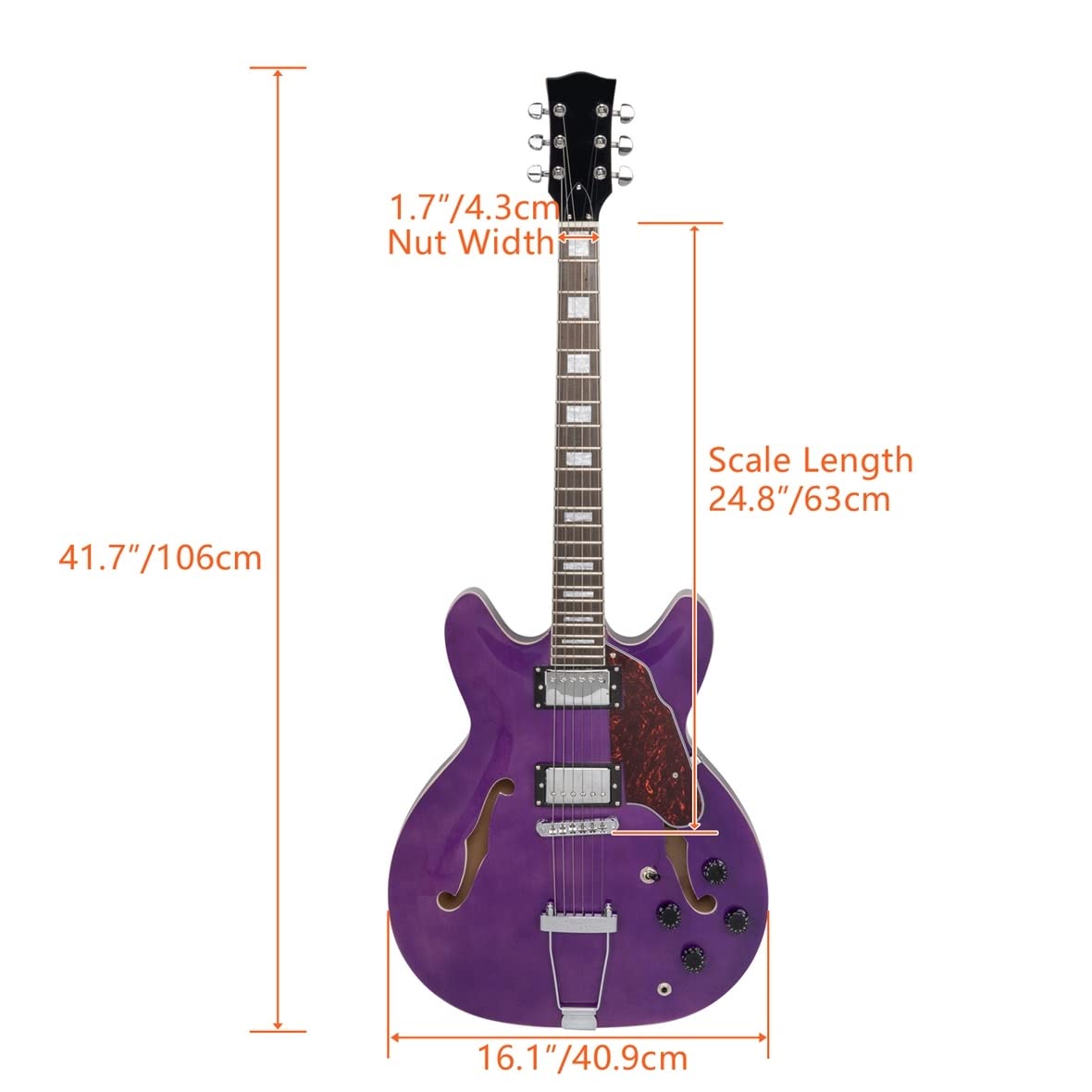 Ktaxon 6 String Electric Guitar, Semi-Hollow Body Full-Size Standard Jazz Electric Guitars Kit with Shoulder Strap, Bag, Cable, Plectrum for Beginner Professional (Purple)