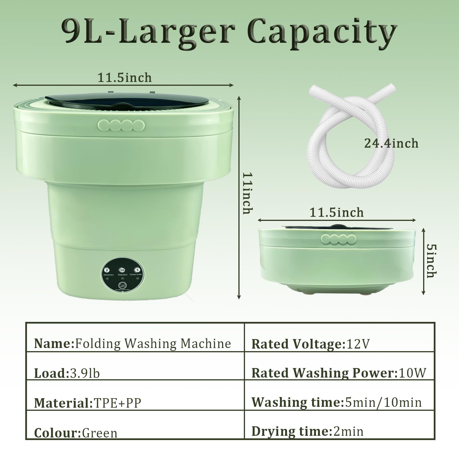 Portable Washing Machine,Upgraded 9L Mini Folding Washer with Spin Dryer,Deep Cleaning of Underwear,Baby Clothes,or Small Items,Foldable Washing Machine for Apartment,Camping,RV,Travel(Green)