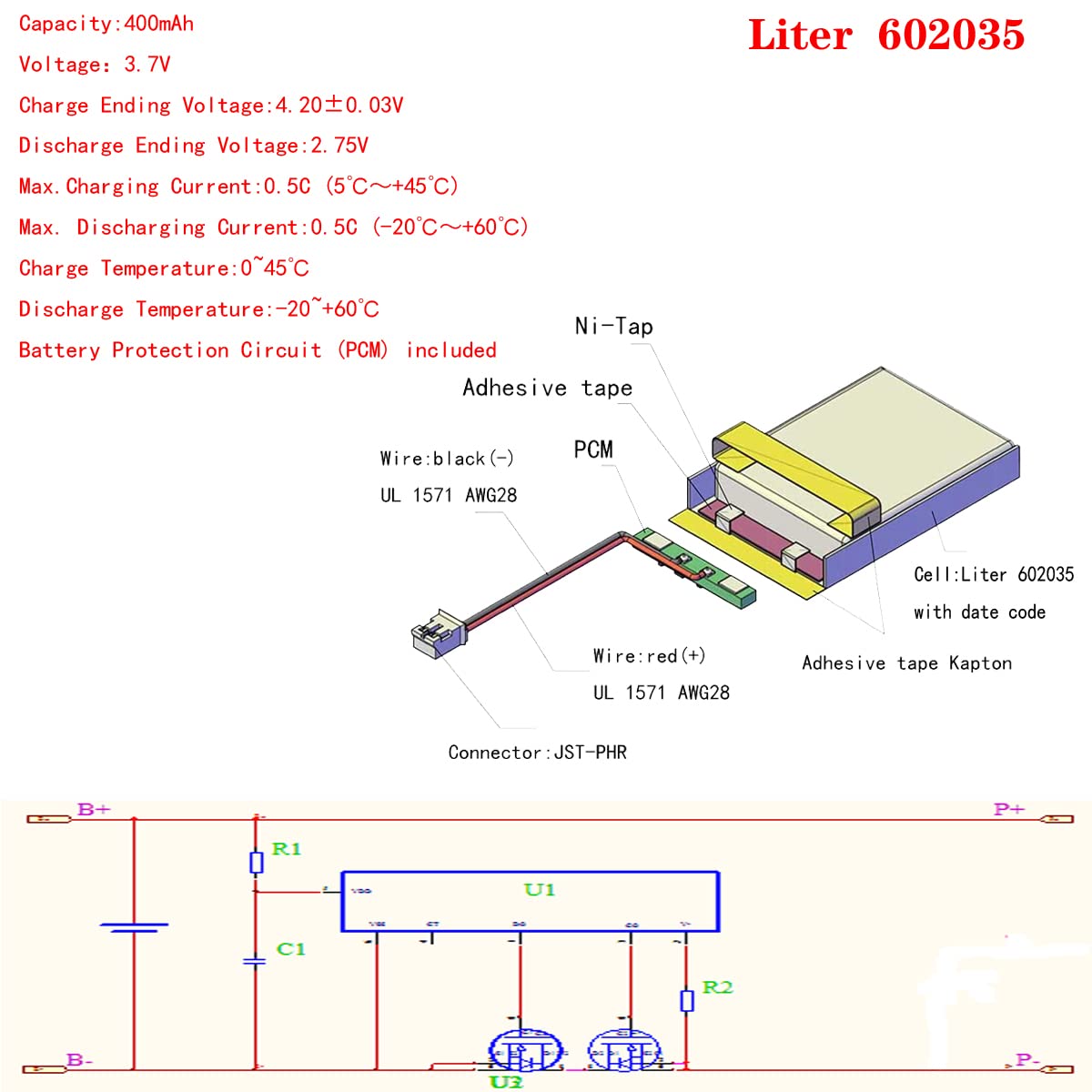 Liter Energy Battery 3.7V Lipo Battery 400mAh Rechargeable Lithium ion Polymer Battery 602035 Lithium Polymer ion Battery with JST Connector