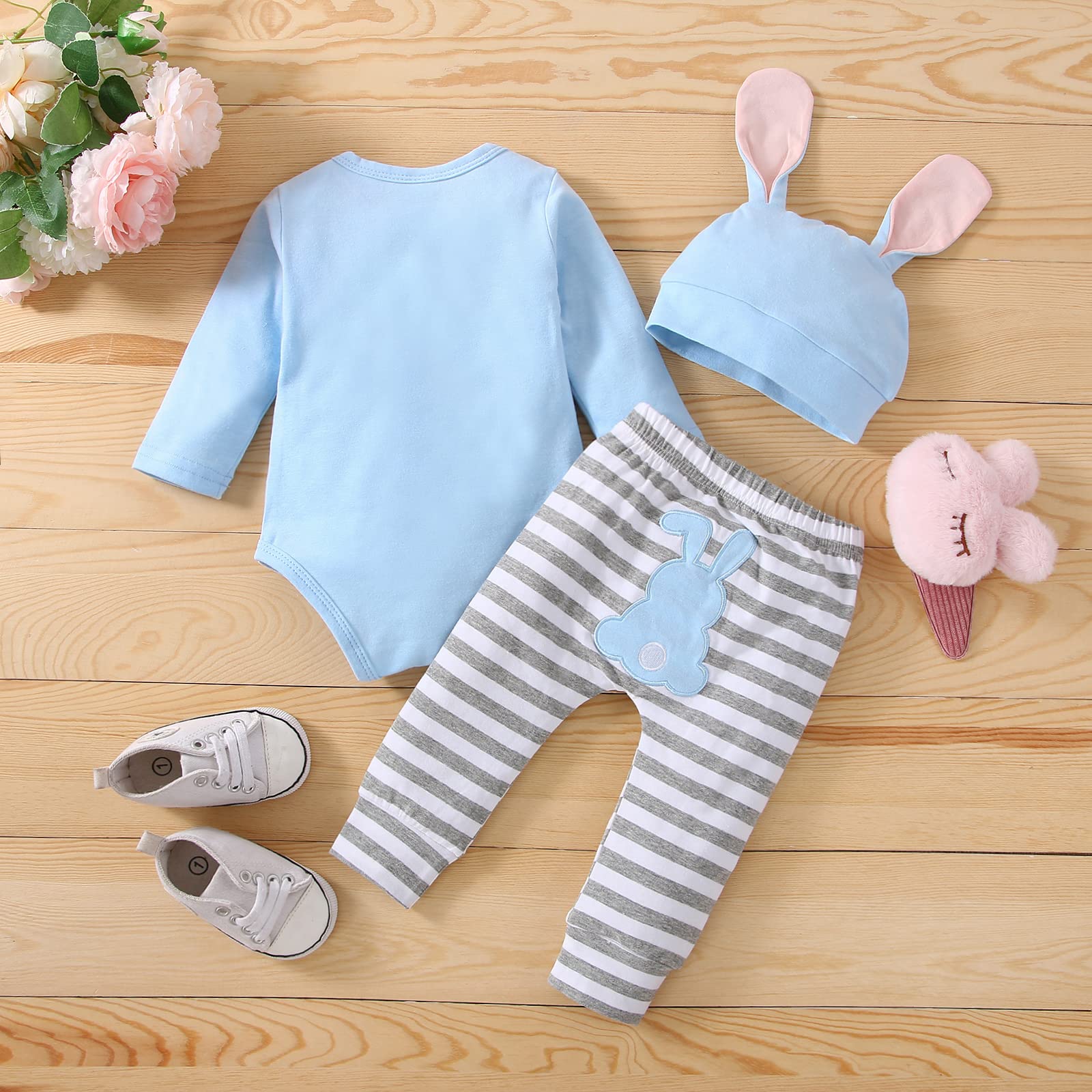 Noubeau Baby Boy Girl Easter Outfit My 1st Easter Long Sleeve Romper Stripe Pants Bunny Ears Hat 3PCS Clothes Set(Bunny-2,3-6 Months)