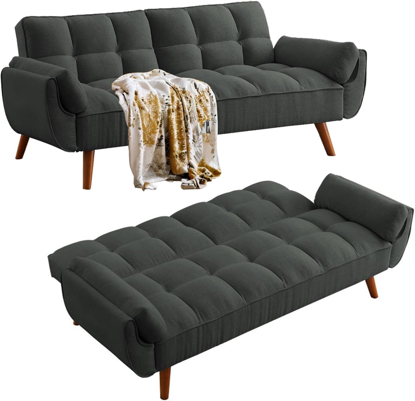 Relyblo Futon Sofa Bed, 76 inch Convertible Sectional Fabric Sleeper Couch, Splitback Loveseat with Tapered Legs, Modern Lounge for Living Room, Study, Bedroom, Apartment, Office,Yellow