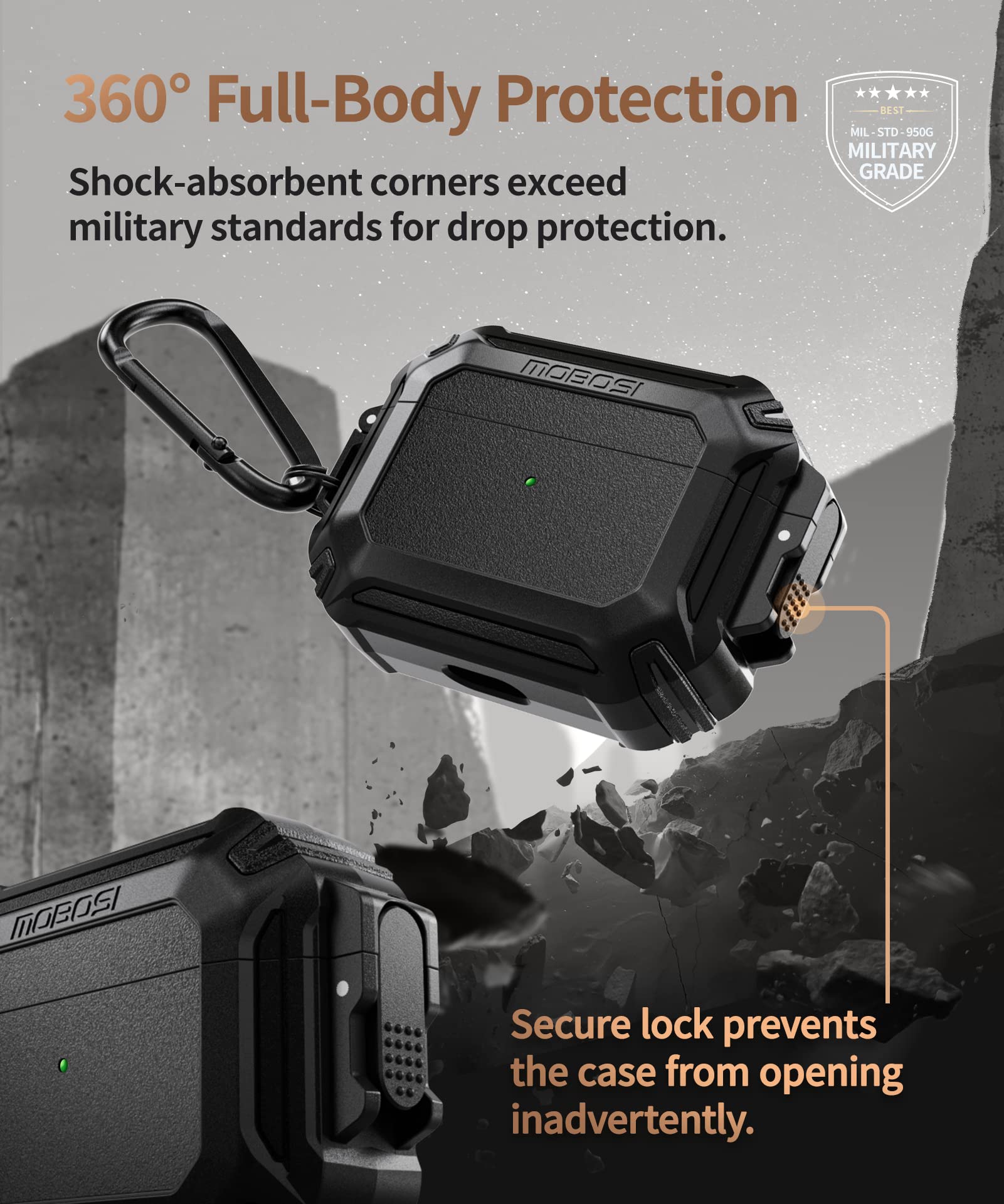 MOBOSI Case with Spring Lock Clip, [Top Cover Never Falls] Hard Rugged Protective Pop-up Case Cover with Keychain for Men, Full-Body Shockproof Case for AirPods Pro, Black