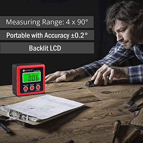 Neoteck Digital Angle Finder, Backlight LCD Digital Angle Gauge Protractor Inclinometer Bevel Box, Magnetic Base, Data Hold, IP54 Dust and Water Resistant- Red