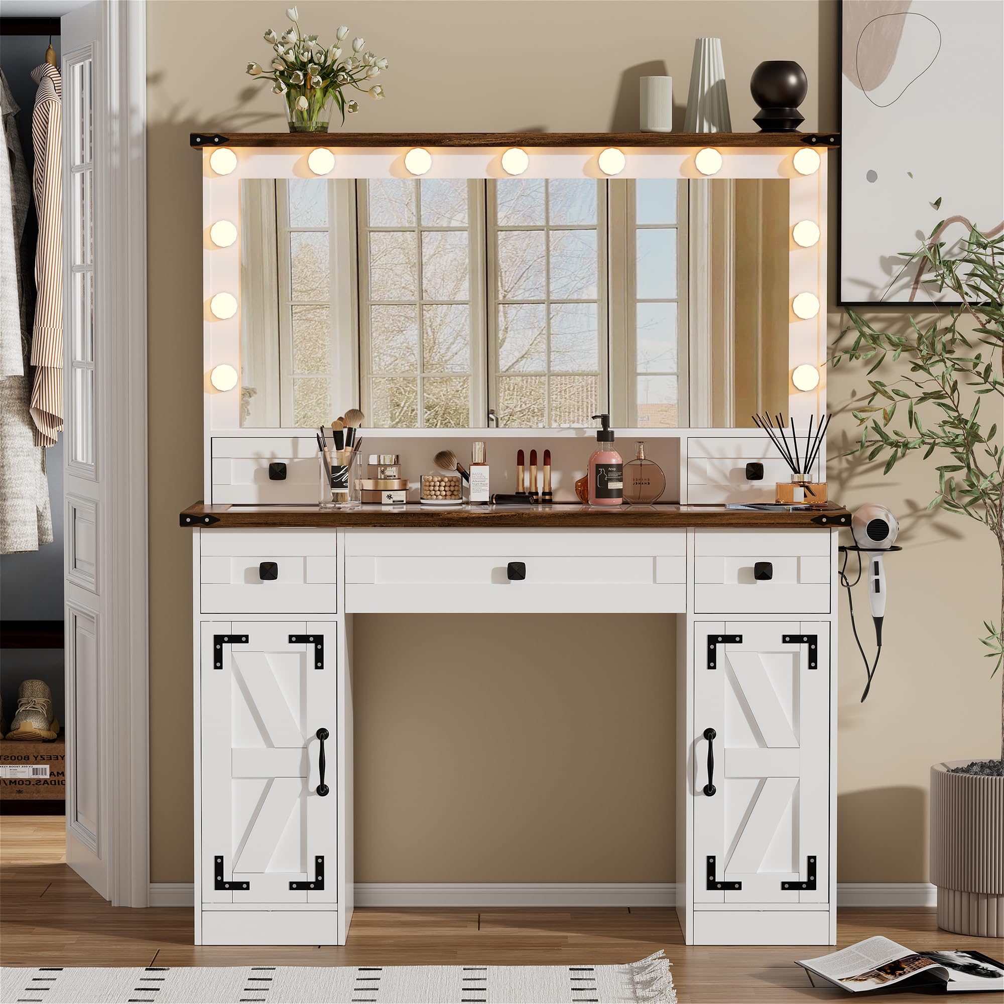 PAKASEPT Makeup Vanity Desk with Mirror and Lights, Glass Tabletop Farmhouse Vanity Table with Drawers, Charging Station, Cabinet for Bedroom,White