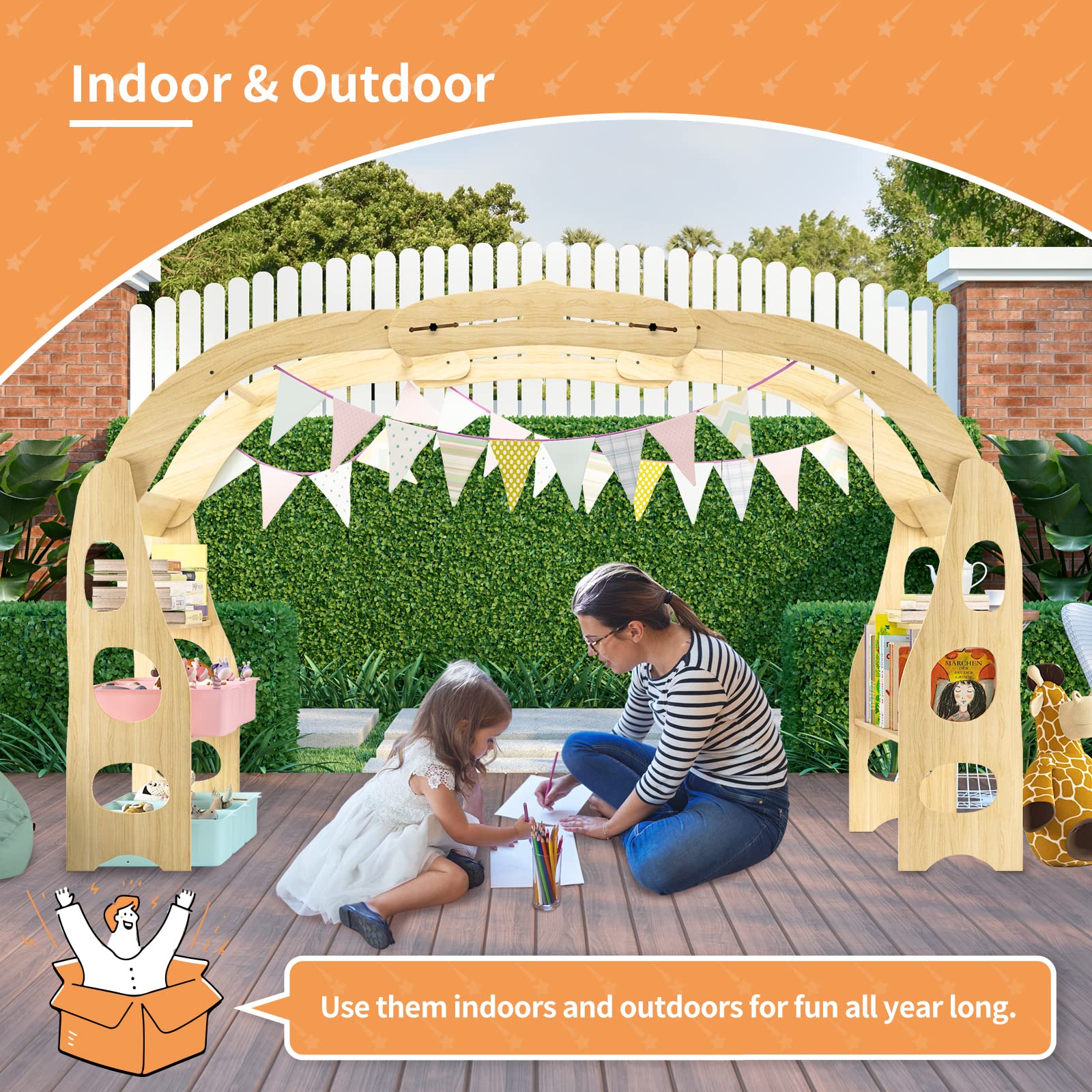 linor Indoor Playground for Kids in 3-12, Wooden Play Structures with Bookcase, Waldorf Playstand Arch with A Large Space for Reading, Storing, Playing, Great Gift for Kids (Wood)