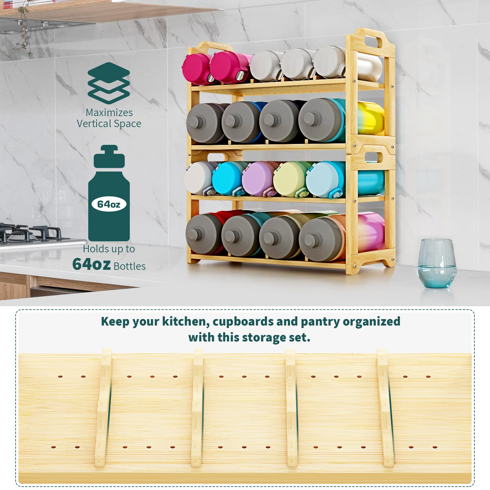 KOK KAY Water Bottle Organizer, Stackable Bamboo Water Bottle Holder, 20 Freestanding Wine Rack Storage - 4-Layer Adjustable Water Bottles Storage Organizer Rack