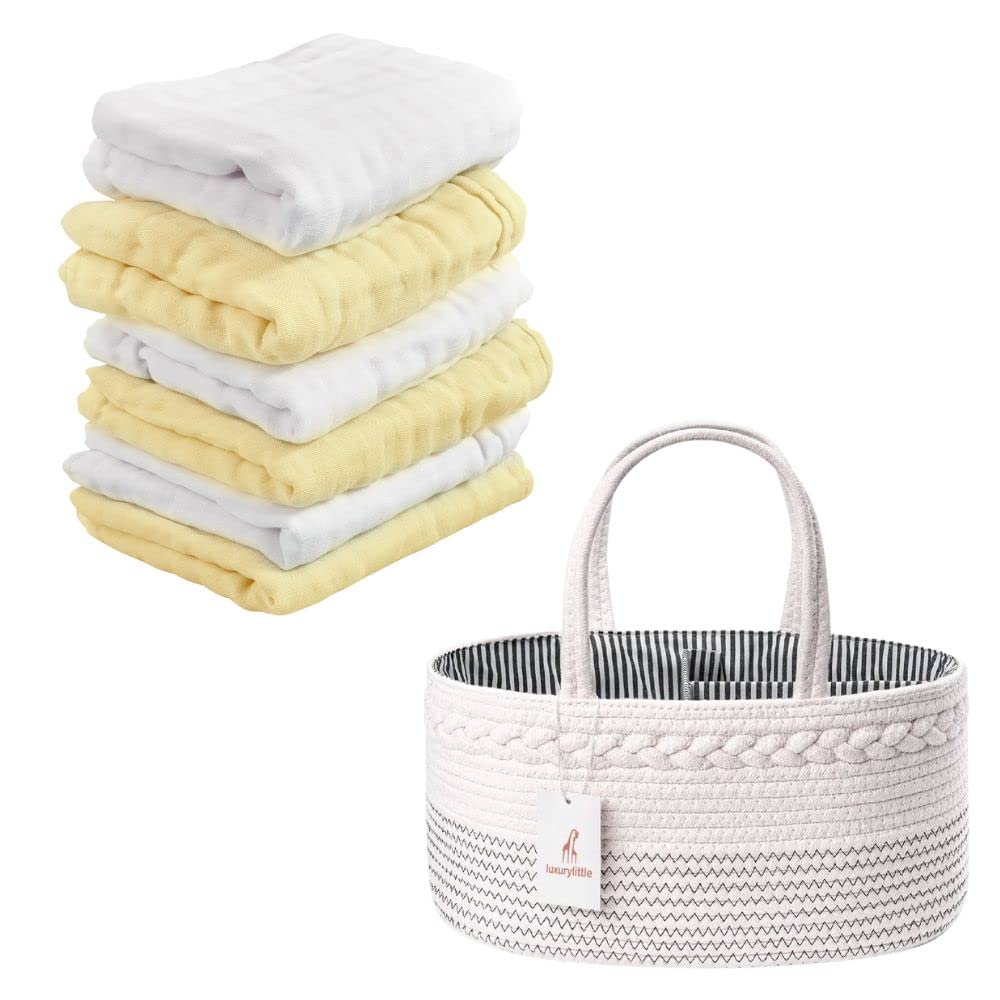 luxury little Diaper Caddy Organizer and Muslin Burp Cloths