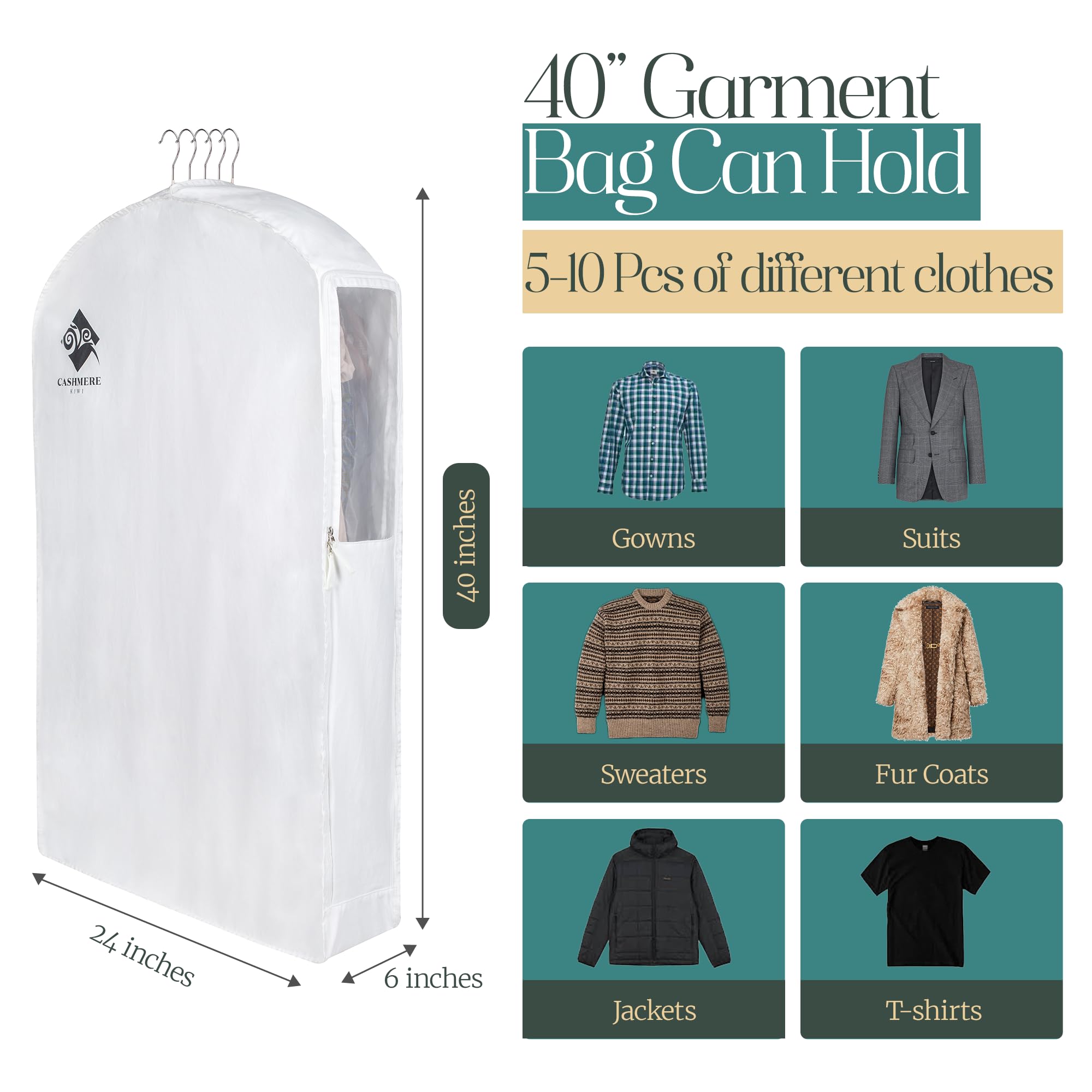 Premium 40β Short Cotton Garment Bag For Hanging Clothes And Storage | Wide 6β Gusset & 4 Cedar Blocks For Fresh Smell And Moth Protection | Best For Suits, Fur Coats, Leather Jackets, Sweaters.