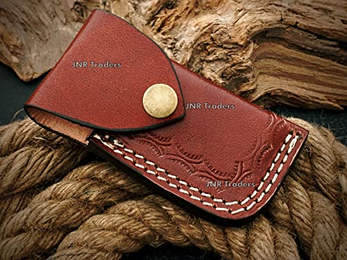 JNR TRADERS Damascus Pocket Knife with Sheath, Folding Knife, Handmade Small Folding Pocket Knife with Sheath, Wood Handle 2397