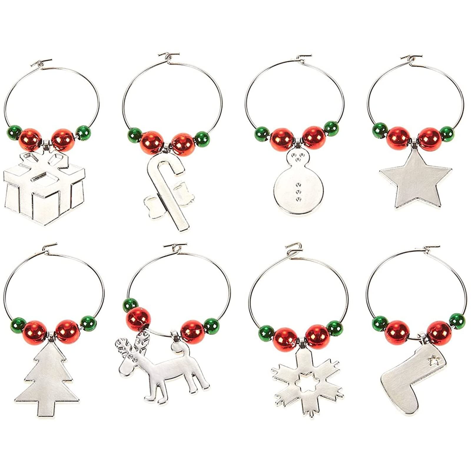 Juvale 8-Pack Wine Glass Charms - Christmas Themed Wine Glass Markers, Zinc Wine Glass Tags, Drink Markers, Wine Favors, Silver