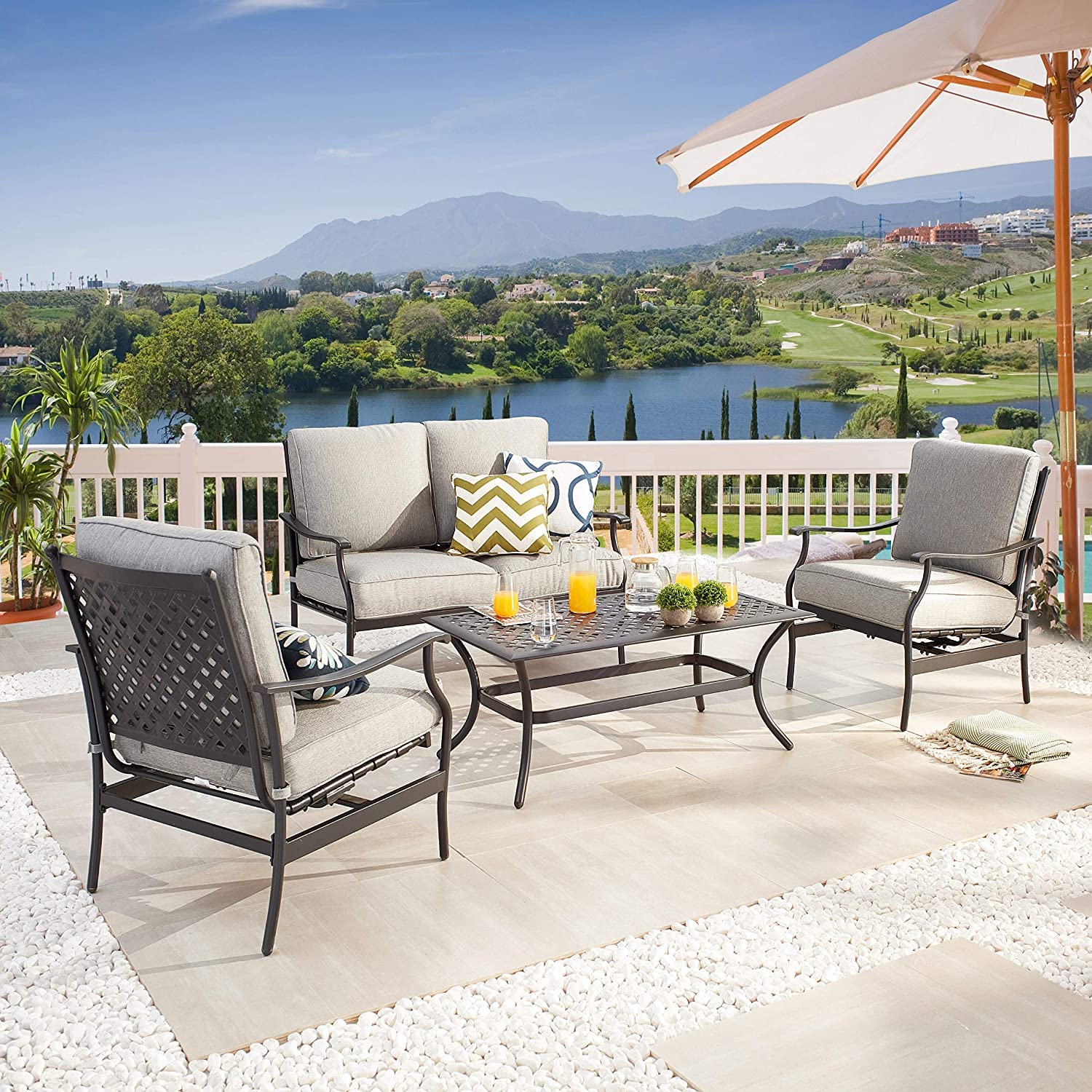 PatioFestival Patio Conversation Set 4-Piece Cushioned Outdoor Furniture Sets with All Weather Frame for Porch Backyard Lawn(Grey)